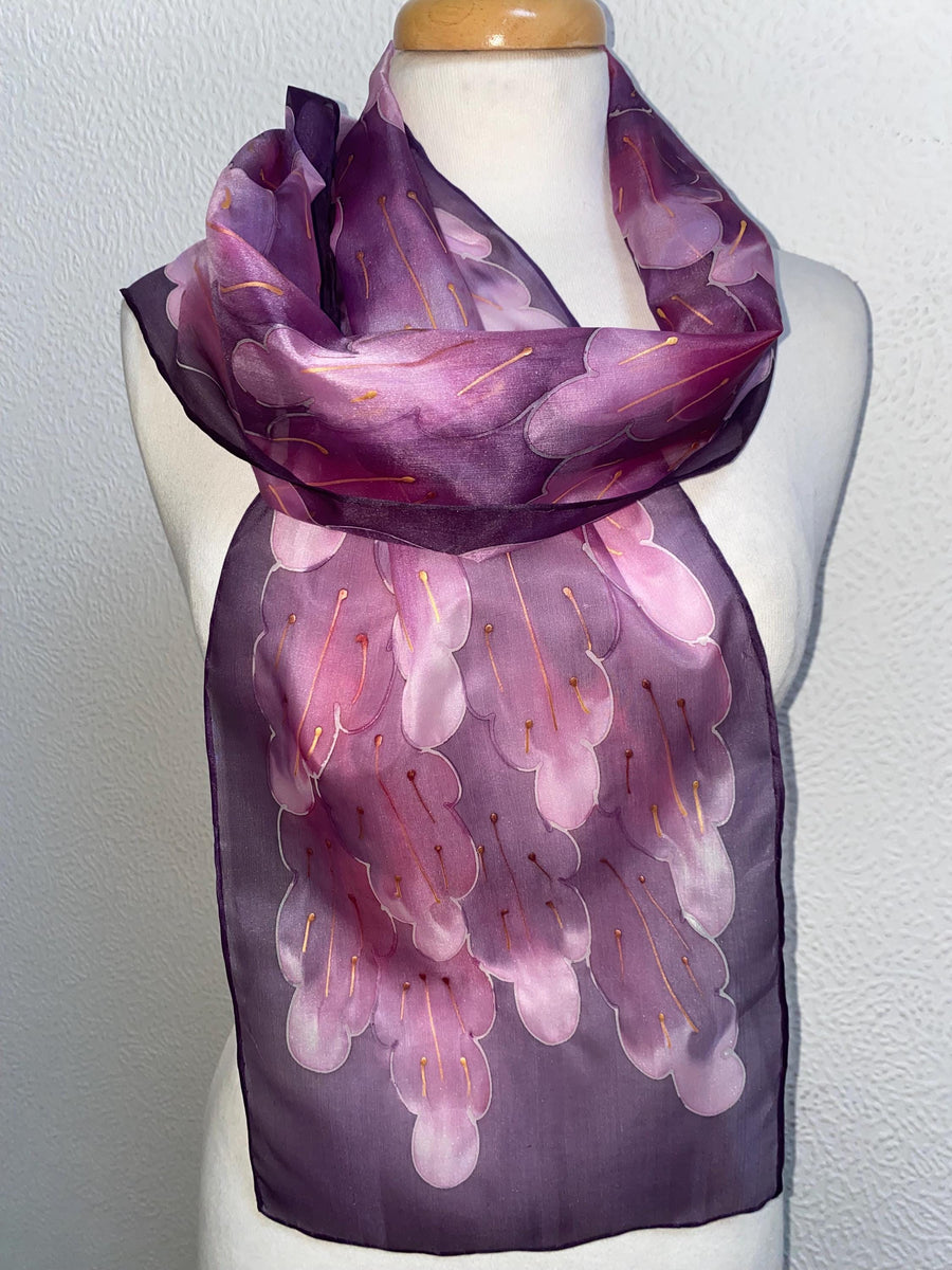 Leaves Design Hand Painted Silk Neck Scarf in Pinks Burgundy – Designer ...